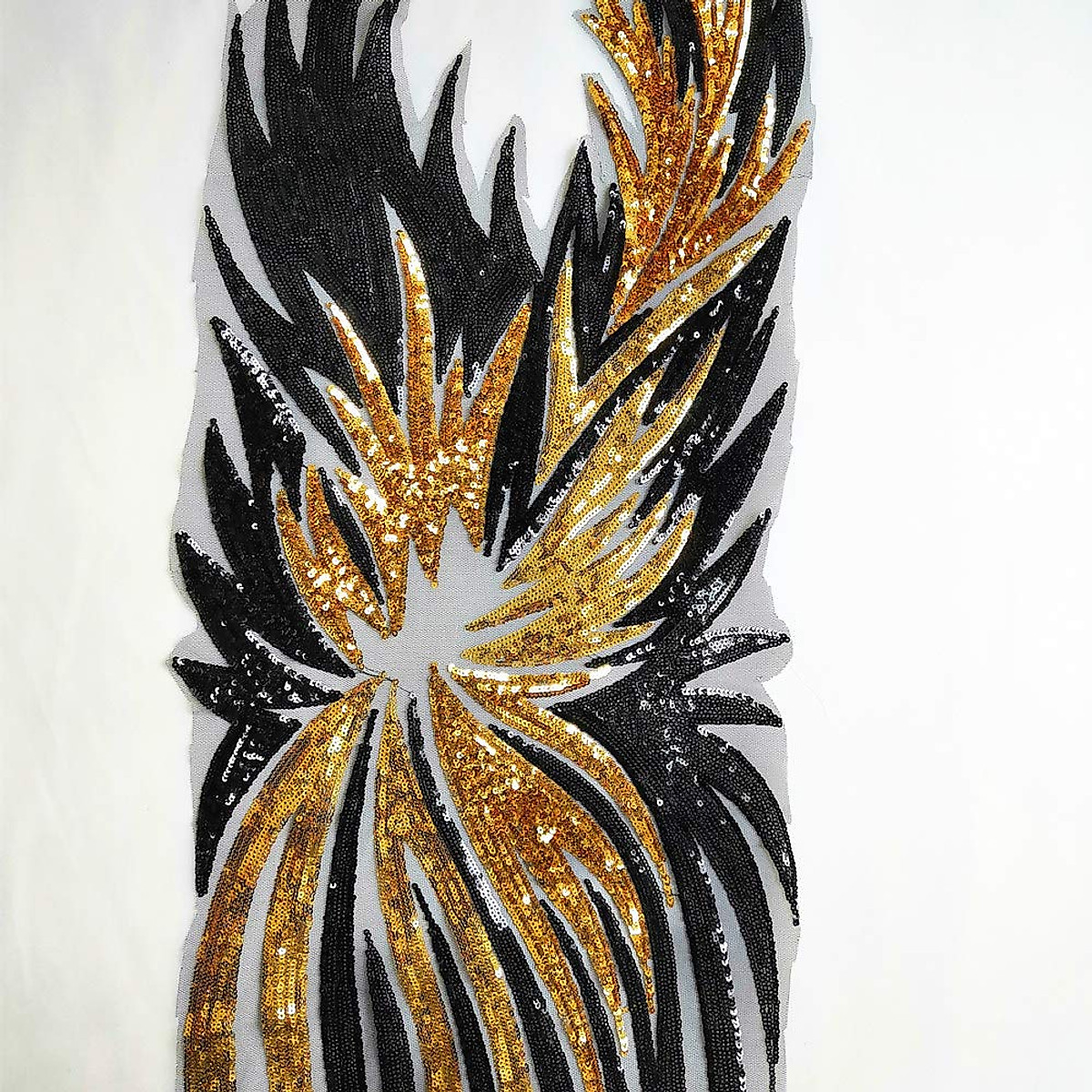 African Sequins Long Appliques Patches Embroidered Nigerian Lace Fabrics French Tulle for Women Evening Clothes Prom Dresses(Black and Gold, 1 Piece(30x130cm))