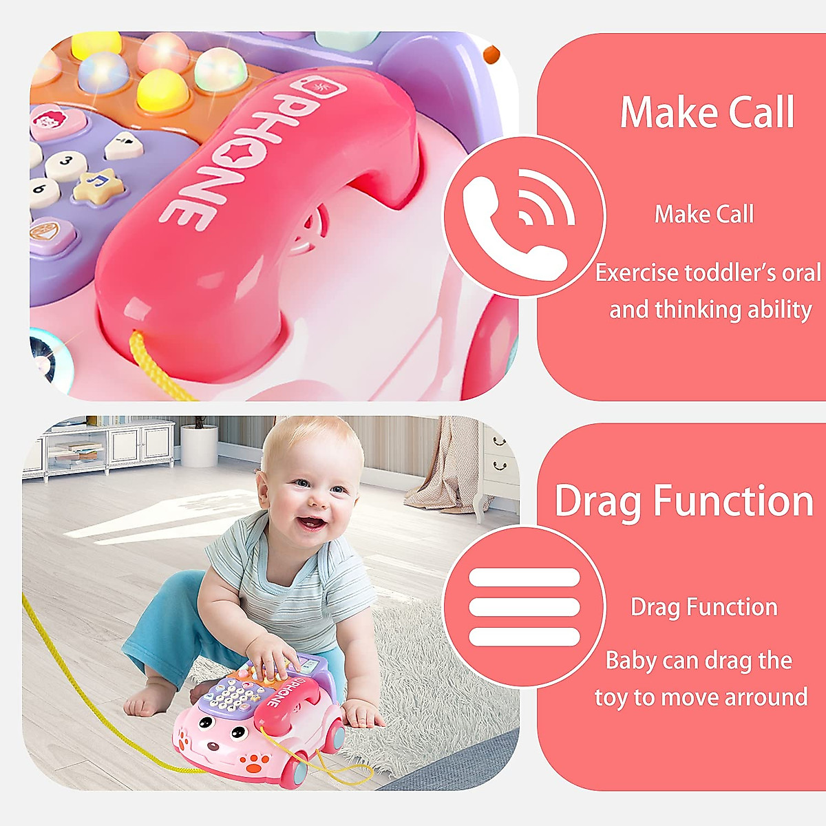 Children Telephone Toy Cartoon Simulated Landline Smartphone Drag Function Call Play Piano Early Education Music Learn Hit Hamster Children Enlightenment Brain Toys Creative Gift for Kids