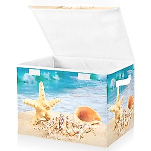 DIGTIA Storage Bins with Lids Shell Starfish Beach Foldable Storage Boxes with Handles Sea Wave Seaside Large Storage Basket Collapsible Organizer Containers for Closet Home Bedroom Office