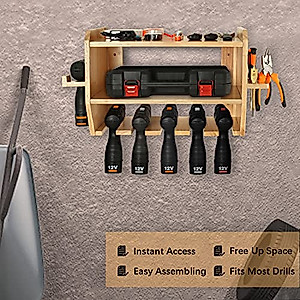 simesove Power Tool Organizer,Drill Holder Storage Wall Mounted with 6 Tool Organizer Slots, Wrench,Screwdriver and Circular Saw Storage,Solid Wooden Drill Charging Station