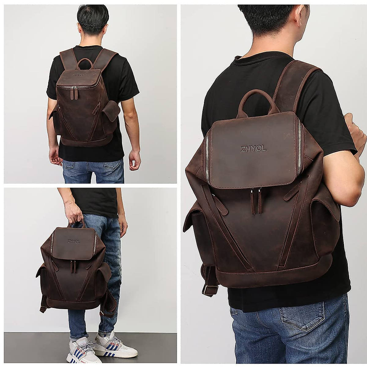 ZHYOL Genuine Leather Backpack for Men, 14'' Laptop Backpack Vintage Full Grain Leather School College Bookbag Large Capacity Business Office Work Bag Casual Travel Hiking Weekend Shoulder Daypack