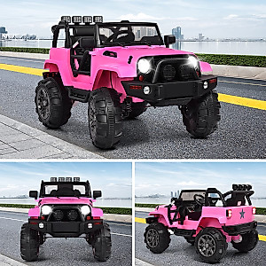 Costzon Ride On Car, 12V Battery Powered Electric Ride On Truck w/Parental Remote Control, LED Lights, Double Open Doors, Safety Belt, Music, MP3, Spring Suspension (Pink)