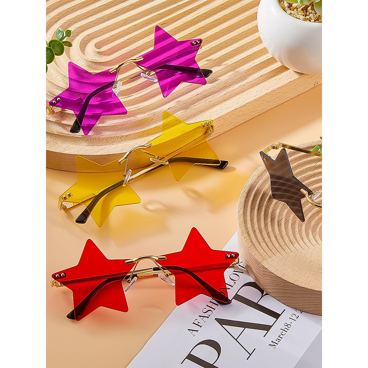 Frienda 4 Pairs Star Shape Sunglasses Star Shape Personality Sun Glasses Star Rimless Glasses for Women Men Party(Black, Yellow, Red, Purple)