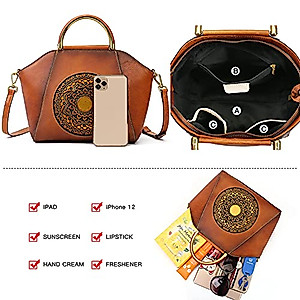 Genuine Leather Handbags for Women, Organizer Top Handle Satchel Vintage Embossing Totem Shoulder Bag Medium