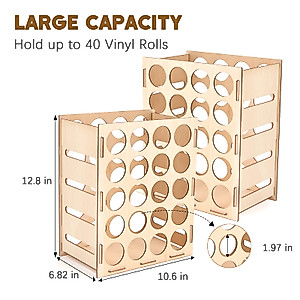 Yumkfoi 2 Pack Wooden Vinyl Roll Holder, 40 Holes Stackable Vinyl Roll Storage Rack with Weeding Tools Storage Bag, Sturdy Wood Vinyl Storage Organizer for Craft Paper Roll Holder Craft Room