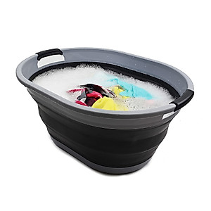 SAMMART 28L (7.4 gallon) Collapsible Plastic Laundry Basket-Oval Tub/Basket - Portable Washing Tub-Space Saving Laundry Hamper, Water capacity: 22L (5.8 gallon) (1, Bright Blue)