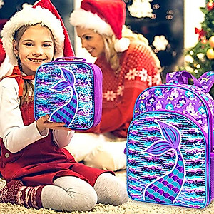 gxtvo 3PCS Mermaid Backpack for Girls, 16" Sequin Prechool Elementary Bookbag and Lunch Box