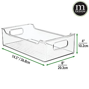 mDesign Wide Plastic Kitchen Storage Container Bins with Handles -Organization in Pantry, Cabinet, Refrigerator or Freezer Shelves - Food Organizer for Fruit, Yogurt, Squeeze Pouches - 4 Pack - Clear