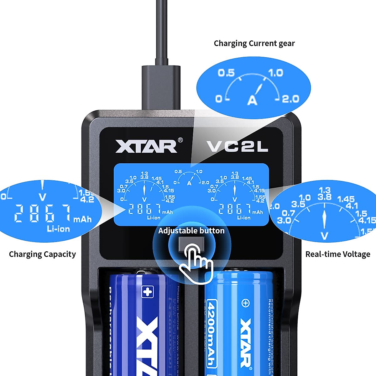 XTAR Universal Smart Battery Charger, 2 Slot, 3.7V Li-ion/Ni-MH/Ni-CD, 2.1A, LCD Display, 2 Hours Charge Time