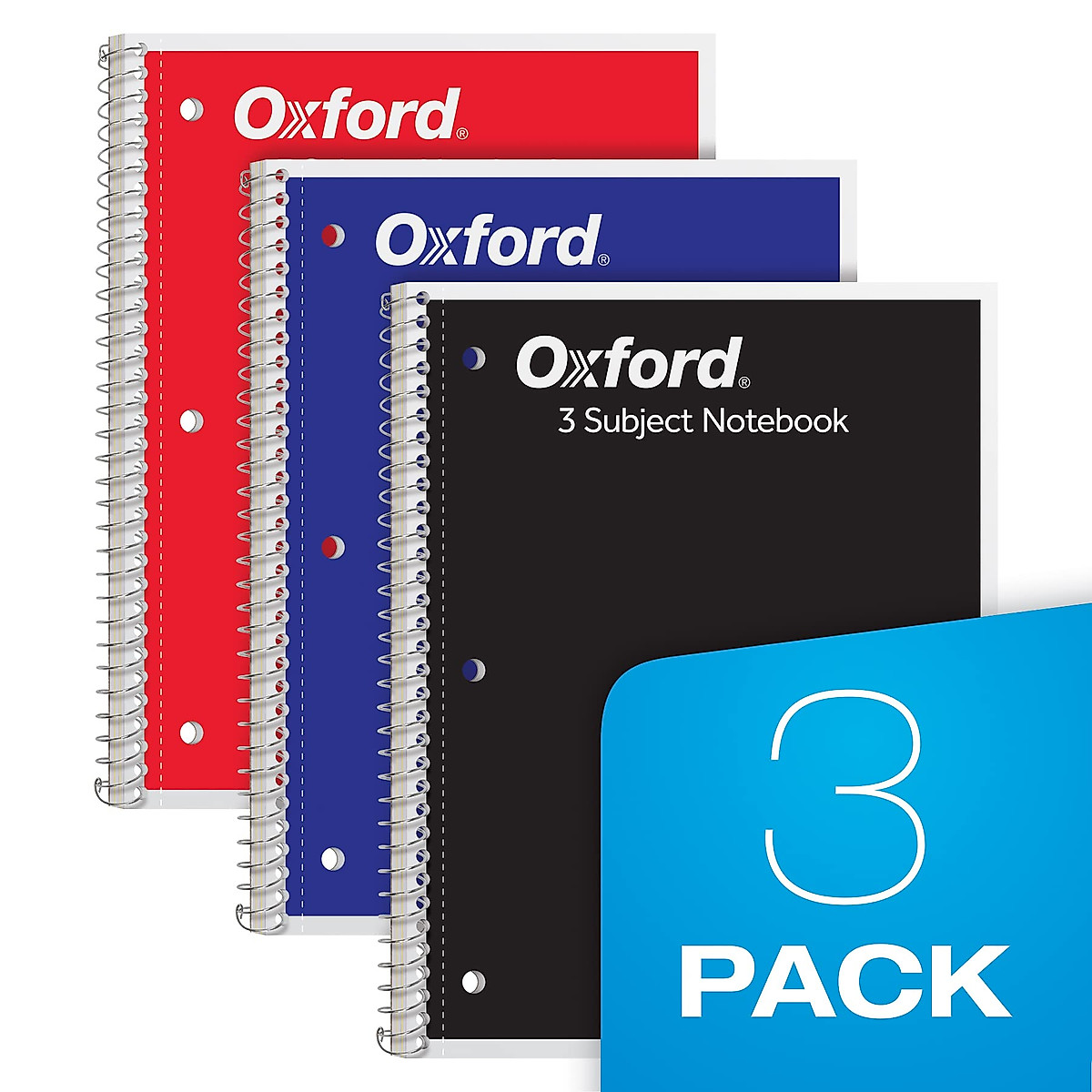Oxford Spiral Notebook 3 Pack, 3 Subject Journal, 3-Hole Punch, College Ruled Paper, 2 Dividers, 8 x 10-1/2 Inches, Black, Red, Blue, 120 Sheets (65202)