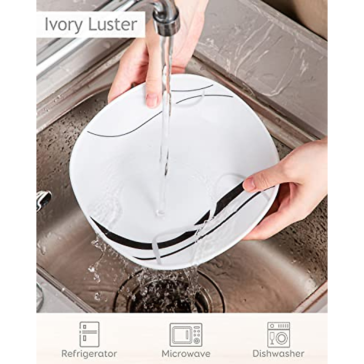 VEWEET Fionaglas 30-Piece Dinnerware Set Ivory White Opal Glassware, Break Resistant Dinner Sets with Dessert Plates/Soup Plates/Dinner Plates/Cups/Saucers Service for 6