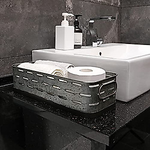 MyGift Rustic Galvanized Metal Bathroom Accessories Storage Basket with Handles and Cut Out Perforated Design, Countertop Toiletries Holder Tray, Vanity Dresser Organizer Bin Caddy