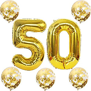Eokeanon Number 50 and Gold Confetti Balloons, 40 Inch Gold Number 50 Balloon with 5PCS 12 Inch Gold Confetti Balloons for 50th Birthday Party Decorations 50th Anniversary Décor