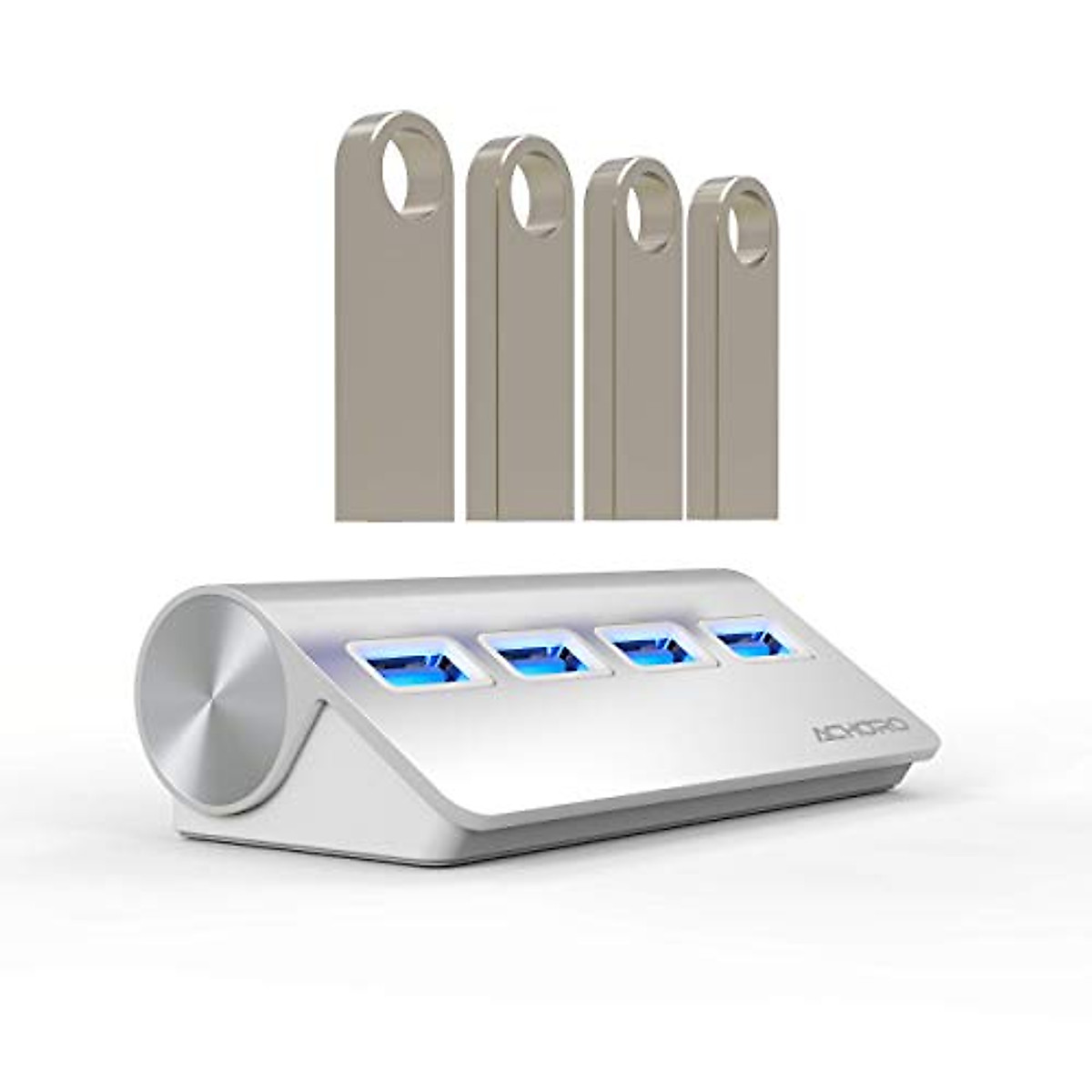 Achoro Premium Quality Computer USB Port Expander – 4 Ports Portable USB Hub - Compatible with MacBook, Windows, iMac, Hard Drive, and PC – High-Speed 3.0 USB HUB (Silver)
