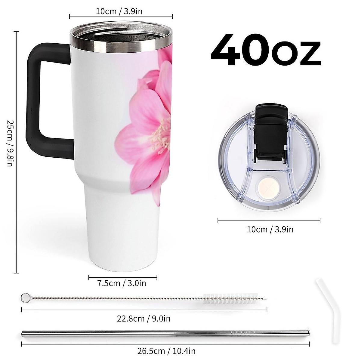 YTLKGFP 40 Oz Large Capacity Car Cup Beautiful Flowers Tumbler with Handle (Black) Straw Lid Insulated Stainless Steel Water Bottle Travel Mug Leak-proof Car Cup Keeps Cold Or Hot
