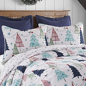 Levtex Home Merry & Bright Collecion - White Pine Quilt Set - Full/Queen Holiday Quilt 88x92 and Two Standard Shams 20x26 - Christmas Tree - Blue, Red, Green and White - Reversible - Polyester