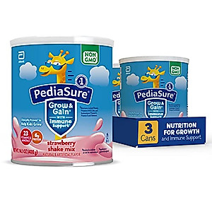 PediaSure Grow & Gain Non-GMO and Gluten-Free Shake Mix Powder, Nutritional Shake For Kids, With Protein, Probiotics, DHA, Antioxidants*, and Vitamins & Minerals, Strawberry (24 servings – 3 cans)