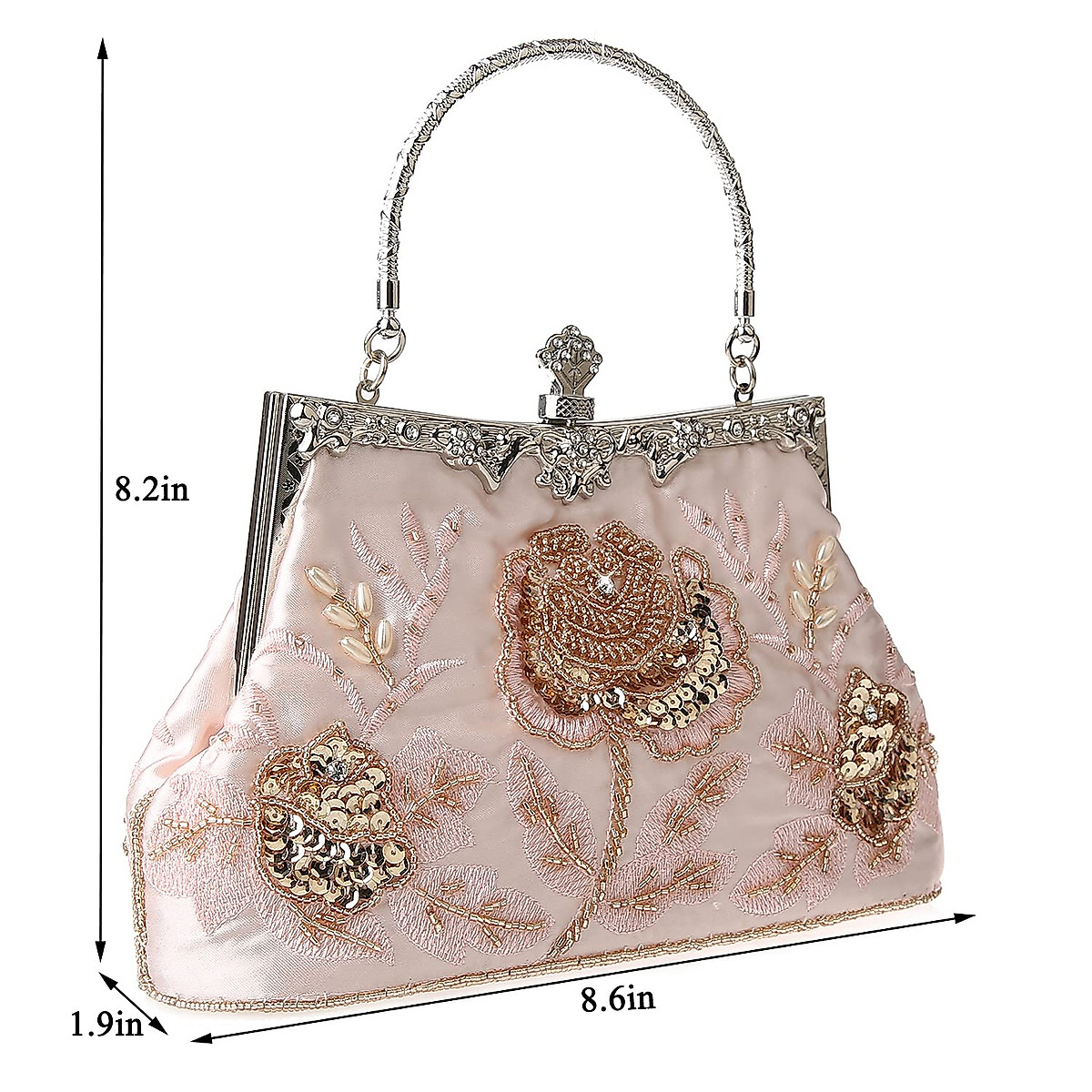 Womens Vintage Floral Beaded Rhinestone Embroidery Clutch Sequin Crossbody Bag Evening Handbag for Bridal Wedding Party Prom