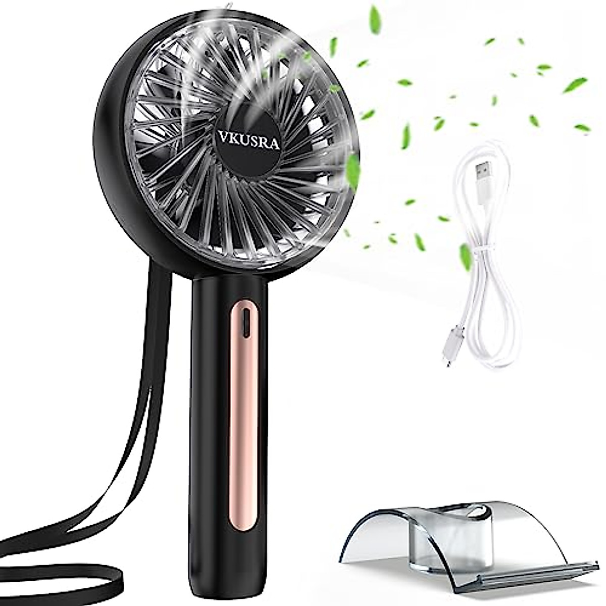 VKUSRA Handheld Fan, Mini Hand Held Fan with Base,Personal Small Battery Operated Portable Hand Fan with 4 Speeds,USB Rechargeable Makeup Desk Fan for Travel Outdoor Office-Black