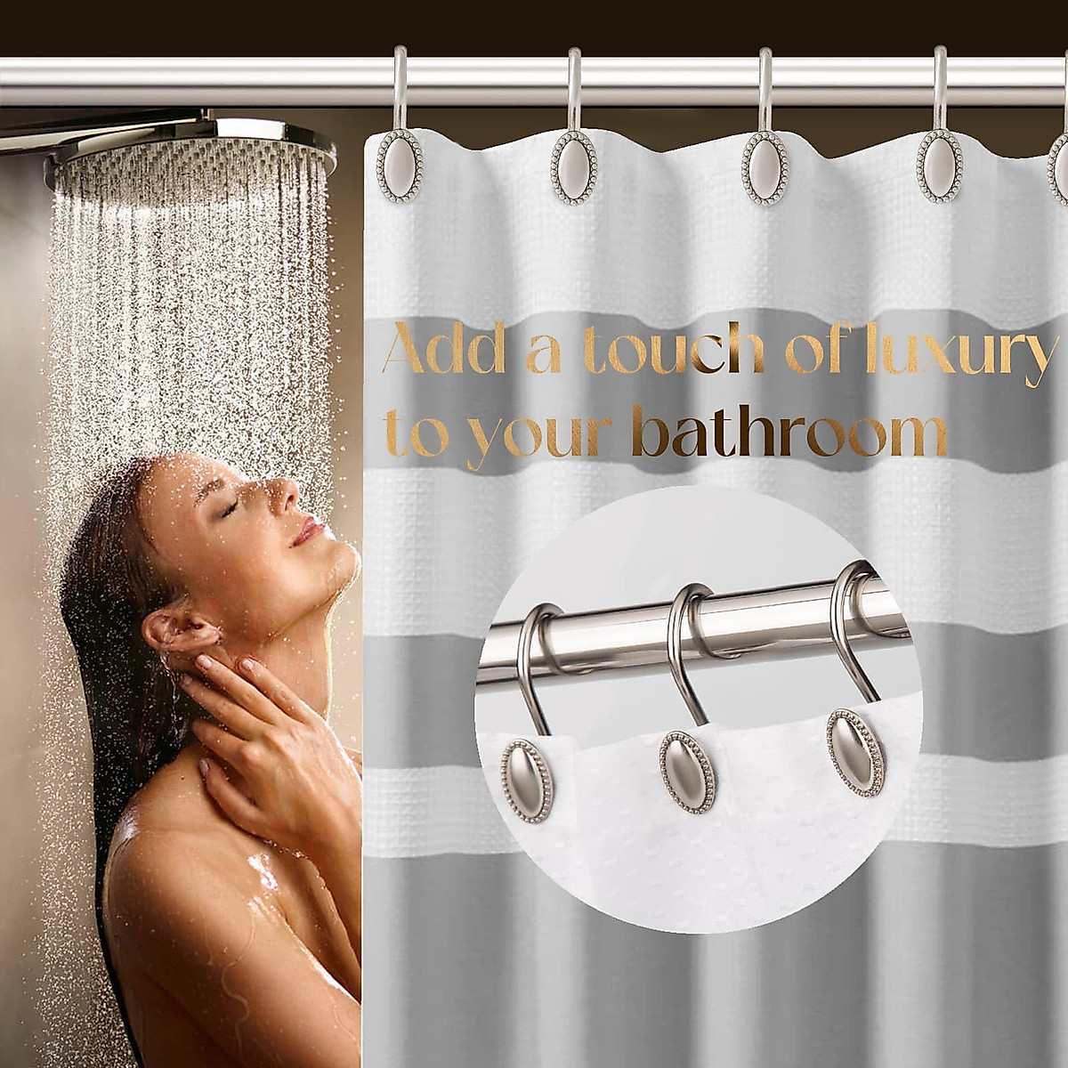 iToplin Brushed Nickel Shower Curtain Hooks, Decorative Shower Curtain Rings, Rust Resistant Metal Shower Hooks for Bathroom, Rust Proof Shower Hooks Hangers for Shower Curtain Rod, Set of 12