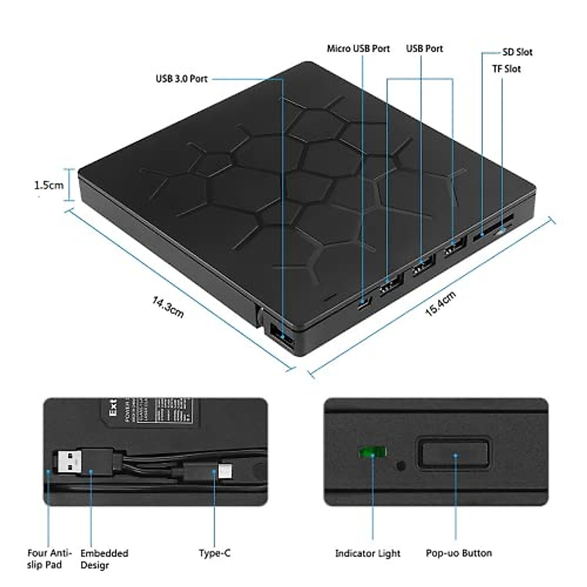 BPAKDU External DVD CD Drive Type-c USB3.0 CD Player, 6 in 1 New DVD Burner, Plug and Play,Ultra Slim, for Mac, PC Windows 11/10/8/7 Linux OS
