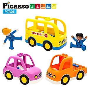 PicassoTiles Magnetic Figures 5 Piece Vehicle and Action Figure Set Including School Bus, Car, Truck and 2 Drivers Magnet Expansion Pack Toddler Toy Kit Pretend Playset for Construction Building Block