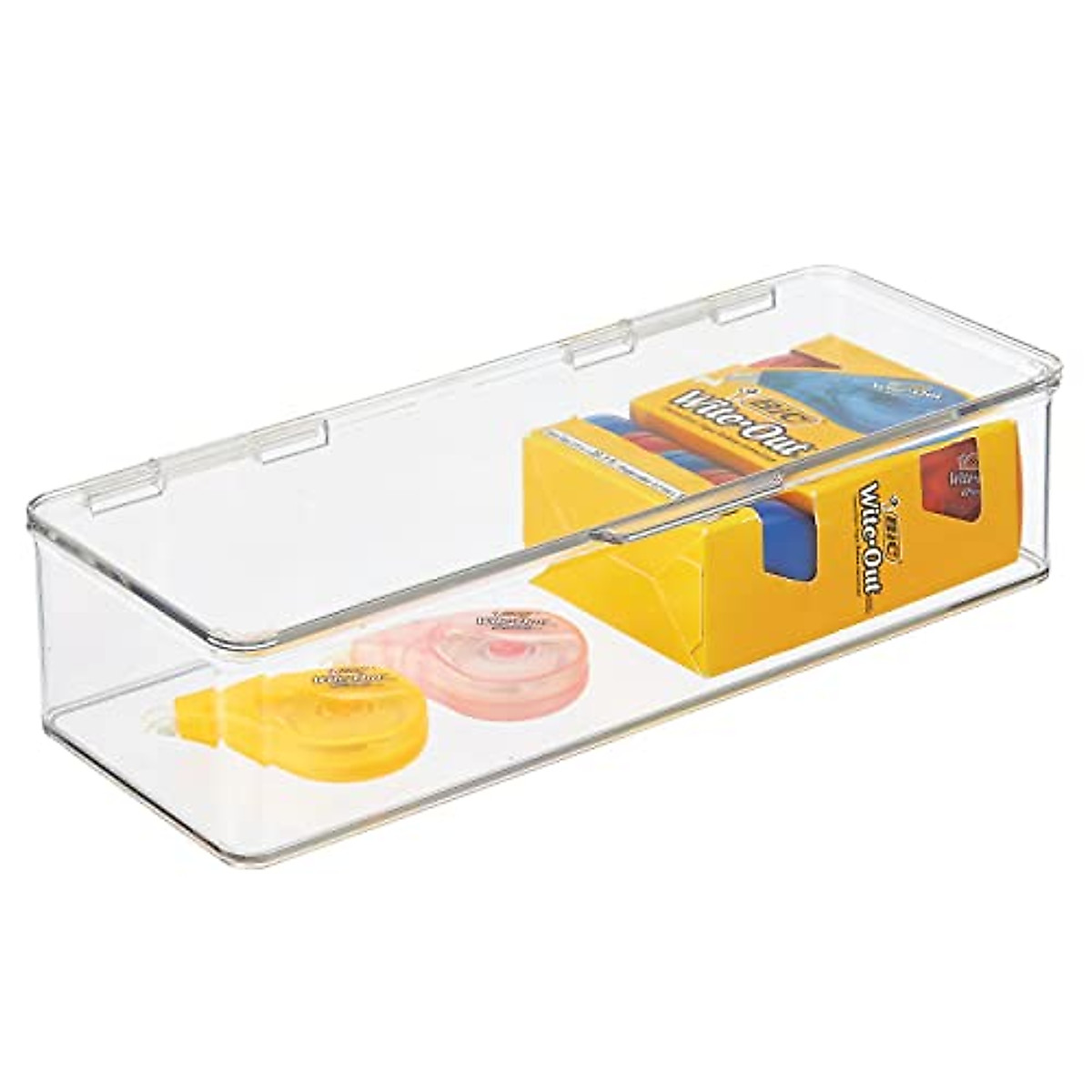 mDesign Long Plastic Home Office Storage Organizer Box Containers with Hinged Lid for Desktops - Holds Pens, Pencils, Sticky Notes, Highlighters, Staples, and Supplies - Clear