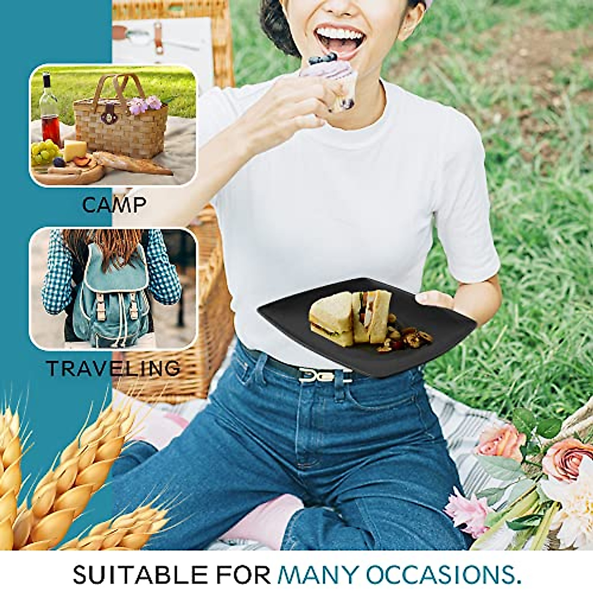 Teivio 24-Piece with flatware Kitchen Plastic Wheat Straw Square Dinnerware Set, Service for 6, Dinner Plates, Dessert Plate, Cereal Bowls, Cups, Unbreakable Plastic Outdoor Camping Dishes, Black