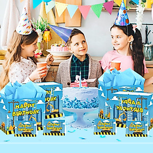 CASLON 1Pc Construction Birthday Gift Bag with Tissue Paper and Card, Blue Construction Birthday Wrapping Paper Bag Construction Truck Party Gift Bag Christmas Gift Bag for Boys Construction Birthday