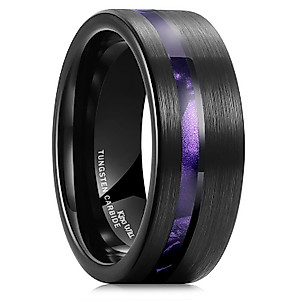 King Will Mens 8mm Black Tungsten Carbide Wedding Ring Purple Imitated Meteorite Inlay Pipe Cut Edge Brushed Opal Wedding Bands 9