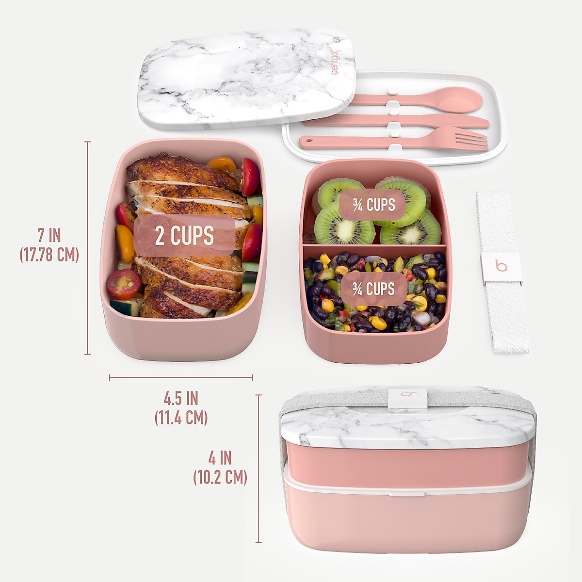 Bentgo Classic - All-in-One Stackable Bento Lunch Box Container - Modern Bento-Style Design Includes 2 Stackable Containers, Built-in Plastic Utensil Set, and Nylon Sealing Strap (Blush Marble)