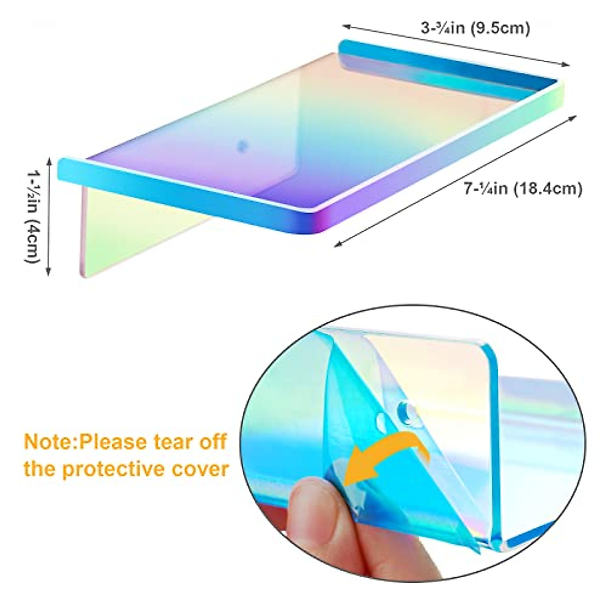 NiHome Wall Mount Rainbow Iridescent Floating Shelf - Acrylic Ledge Shelf with Edge 7.2"x3.7" Multi-purpose Organizer for Bathroom, Kitchen, Bedroom, Office, Adhesive Screw Mount Options (Single Pack)