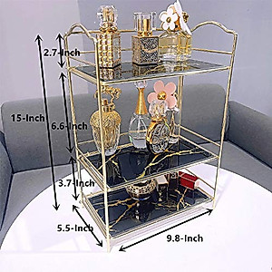 Simmer Stone 3 Tier Makeup Perfume Organizer Shelf, Cosmetic Storage Corner Shelf with Removable Glass Tray, Wire Vanity Organizer Rack for Dresser, Countertop, Bathroom and More (Gold)