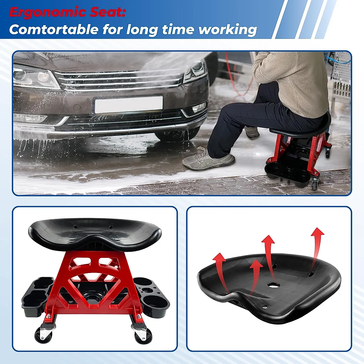 HOXWELL Durable Mechanic Stool Chair with Wheels, Heavy Duty Garage Shop Stool On Wheels, Rolling Stool Car Detailing Creeper Seat with Tool Tray for Workshop, Auto Repair Shop and Home