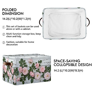 Large Storage Basket Pink Rose Storage Bin Cube Canvas Fabric Organizer Handles Collapsible for Clothes Toys Bedroom Decorative