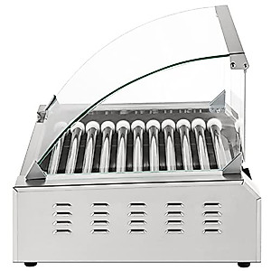 VEVOR Hot Dog Roller, 30 Hot Dog Capacity 11 Rollers, 1800W Stainless Steel Cook Warmer Machine w/Cover & Dual Temp Control, LED Light & Detachable Drip Tray, Sausage Grill Cooker for Kitchen Canteen
