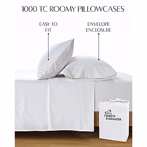 1000 Thread Count 100% Egyptian Cotton Pillow Cases, Set of 4 Pillowcase, Long-Staple 100% Cotton Breathable, Soft Sateen Weave Bed Pillow Cover, 20 X 40 Inches Pillowcases White King Size