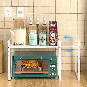 iPEGTOP Extendable Microwave Oven Rack, Adjustable Height Microwave/Toaster Shelf Heavy Duty Metal Pantry Shelf Space Riser Stand Organizer for Kitchen Counter Top Organization, White