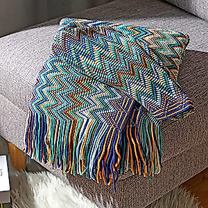 Boho Throw Blankets Outdoor Knitted Tassel Blankets, Super Soft Cozy Lightweight Couch Decorative Bohemian afghans Throw Blankets, Bed, Sofa, Outdoor Throw Blanket - All Seasons (Blue 50x60 Inch)
