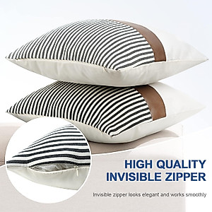 cygnus 20x20 Pillow Covers Set of 2 Farmhouse Decor Stripe Patchwork Linen Throw Pillow Covers Modern Faux Leather Covers for Couch Sofa, Navy Blue