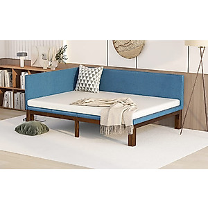 Modern Linen Upholstered Daybed Sofa Bed w/Wooden Frame&Single Side Armrest for Living Room Bedroom,Mid-century Captain Bed Platform Bed Frame w/Tufted Backrest & Under-bed Storage Space (Blue,Full)