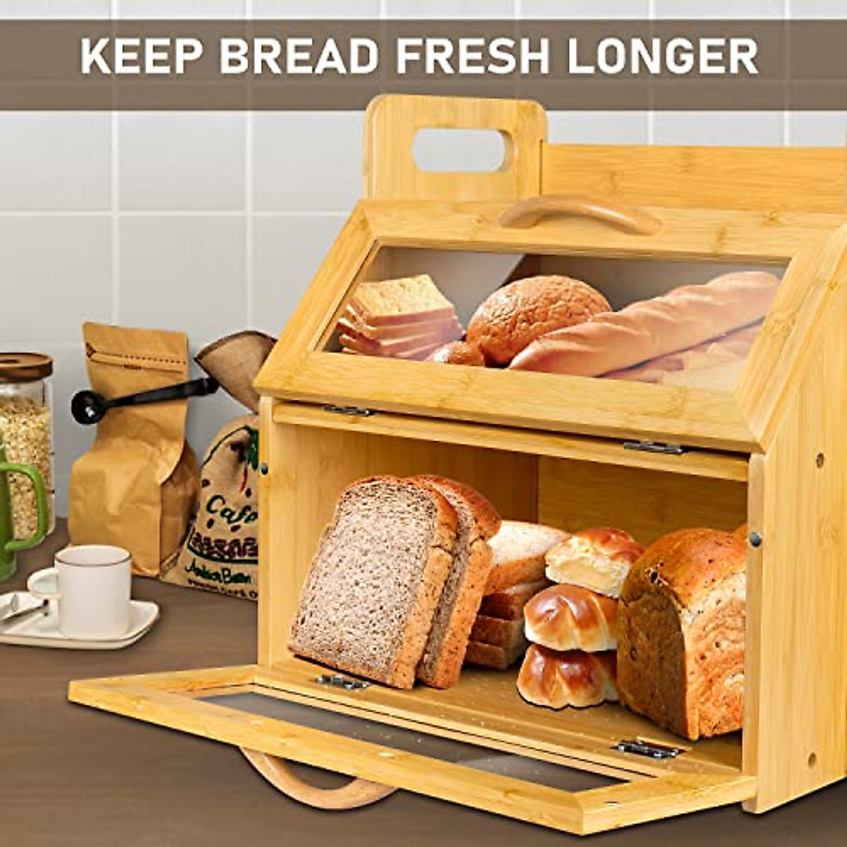 DORPU Extra Large Bread Box, Double Layer Bread Box for Homemade Bread, Bamboo Wooden Bread Storage Container with Tool Holder | Handles | Window, Assembly Required(14.9" x 11" x 15.3") Natural