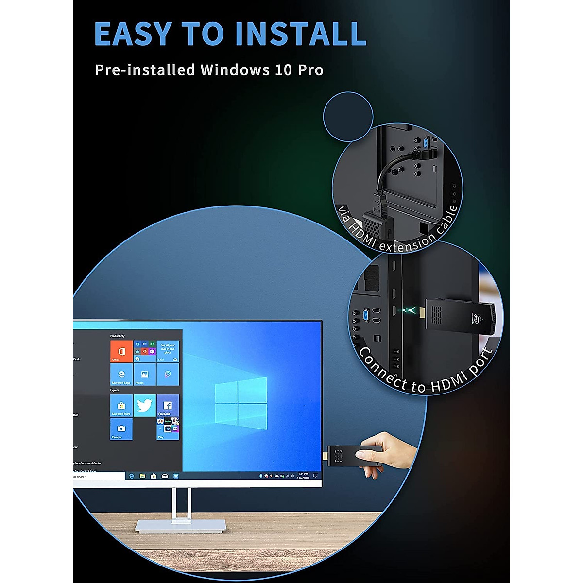 OUVISLITE Mini PC, Mini PC Stick 8GB RAM 128G ROM Atom X5-Z8350 Mini Computer Stick Win 10 Pro PC Stick 4K HDMI 2.4G / 5G WiFi Bluetooth 4.2 Auto Power On Business Office Home Theater