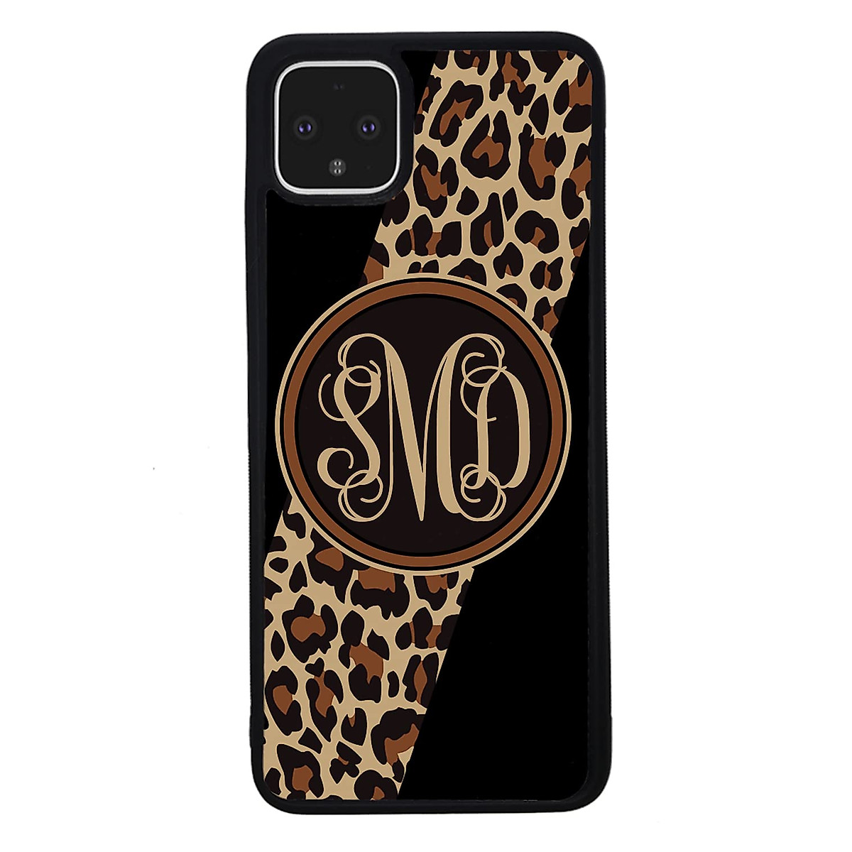 Leopard Animal Skin Script Monogram Black Rubber Phone Case Compatible With Google Pixel 8 Pro, 8a, 8, 7a, 7, Pixel 7 Pro, 6a, Pixel 6 Pro, 6, 5, 4a 5G, 4a 4G, 4, 4 XL, 3a, 3a XL, 3, 3 XL, 2 XL