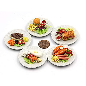Lovely Mixed 5 Assorted Dollhouse Miniature Food,Tiny Food for Collectibles, Berger Breakfast and Beefsteak SalmonSteak