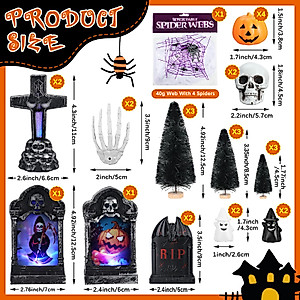 Retisee 28 Pcs Halloween Miniature Micro Landscape Village Accessories Ornaments Set Black Christmas Tree LED Tombstones Skeleton Pumpkin Statues for Halloween Party Set Decor