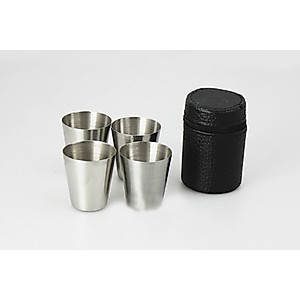 Yueton® Set of 4 Stainless Steel Shot Cups Drinking Vessel with Black Leather Carrying Case (30ml)