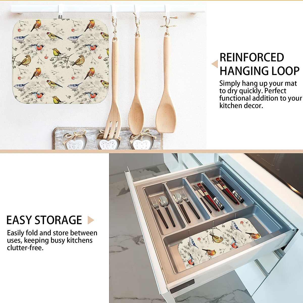 Dish Drying Mat for Kitchen Counter Tree Watercolor Bird Floral Cute Print Drainer Mats Rack Holder Countertop Absorbent Microfiber Baby Bottles Coffee Pads 16x18 Inch