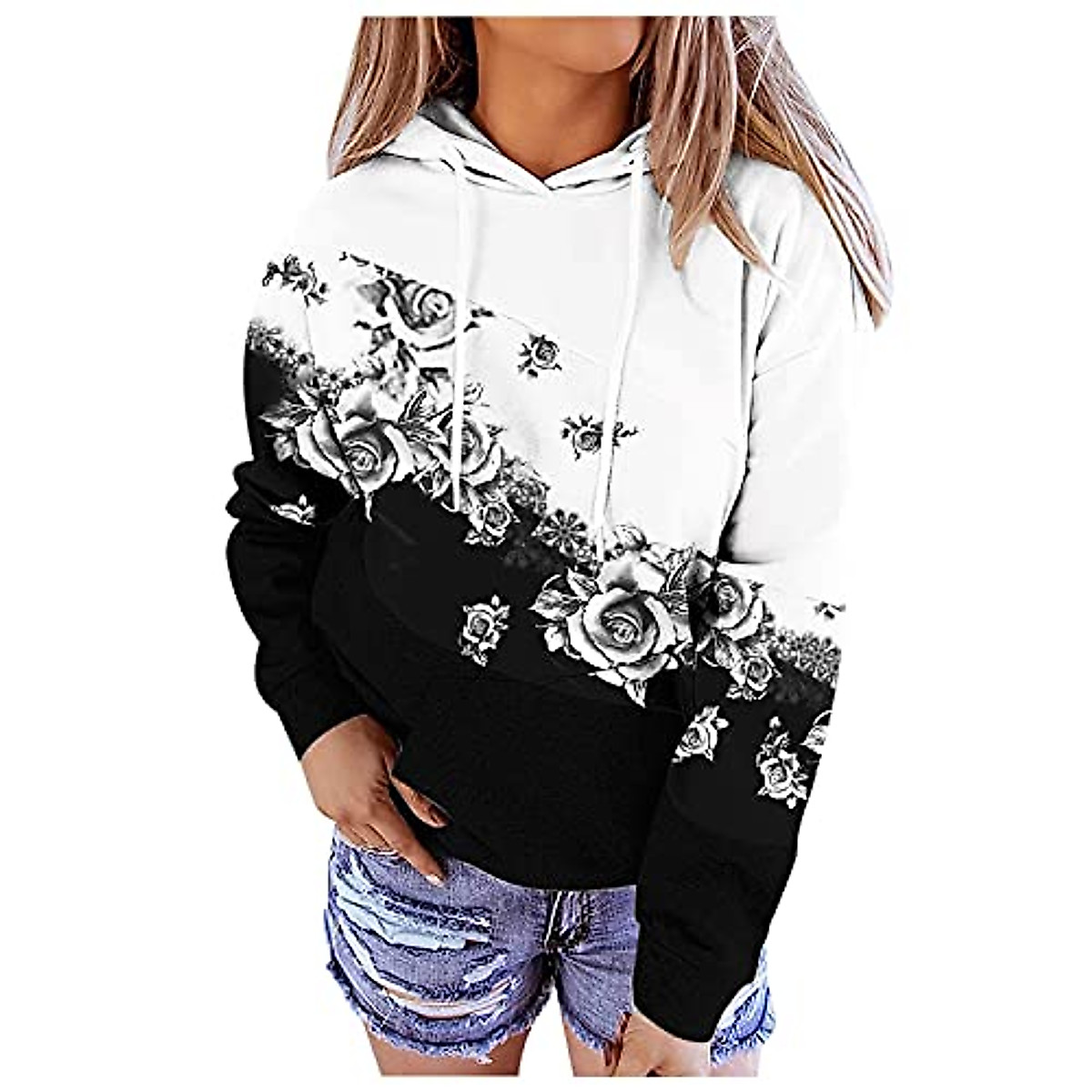 Aniywn Women's Tie Dye Color Block Long Sleeve Hoodies Floral Printed Pullover Drawstring Sweatshirt Tops for Fall Winter