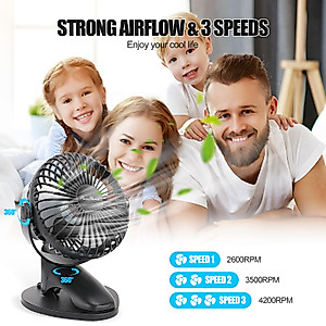 Portable Clip Fan Battery Operated,3 Speeds USB Rechargeable Mini Table Fan with Strong Airflow,360°Rotation Ultra Quiet Personal Desk Fan for Home Office Bedroom Dorm Stroller Camping(Black)